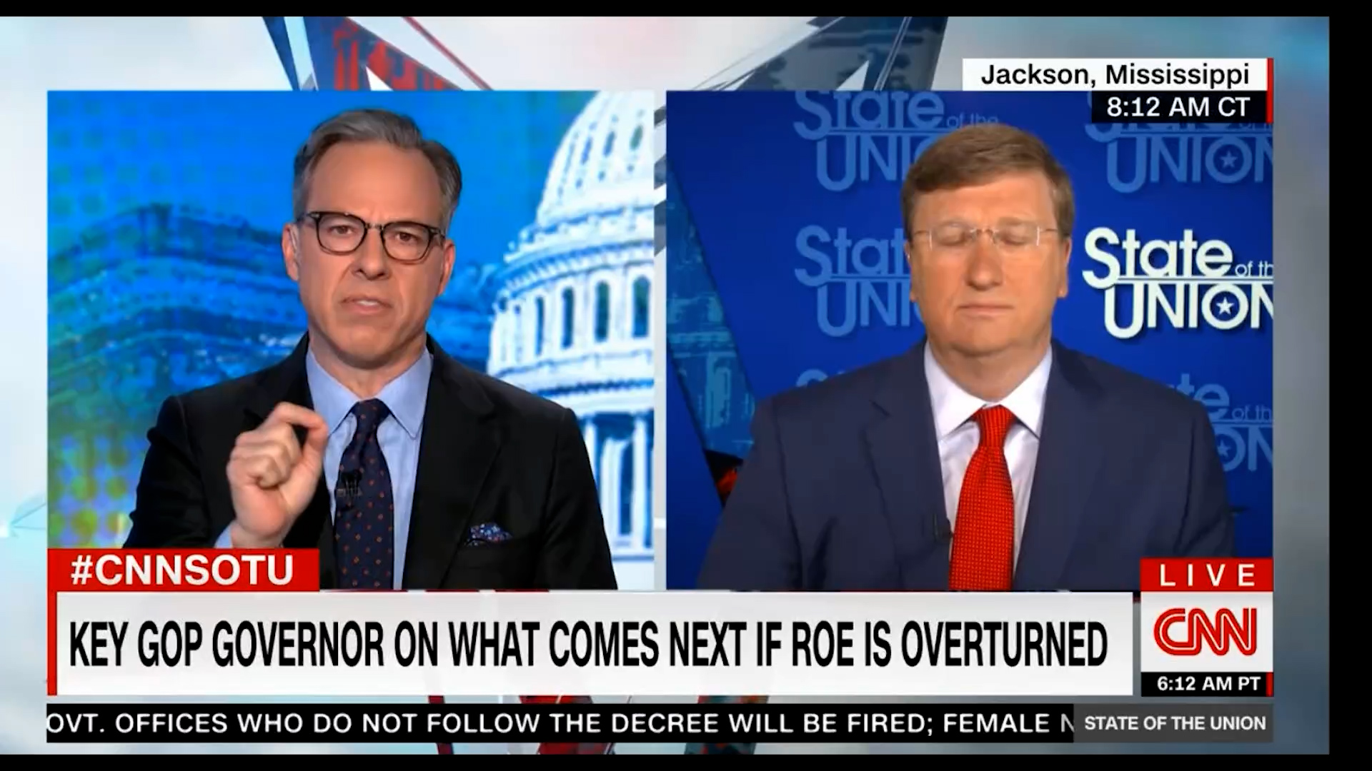 Jake Tapper grills MS Gov. on Roe overturn: Given your track record why